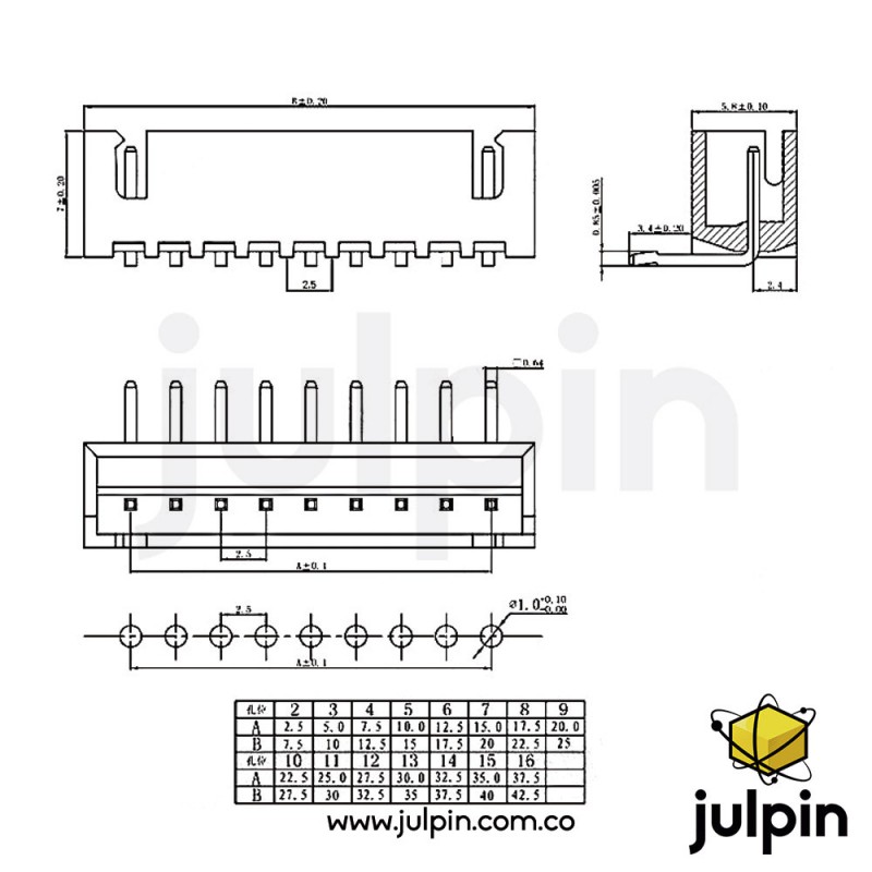 Conector XH2.54mm de 10 pines en forma de L