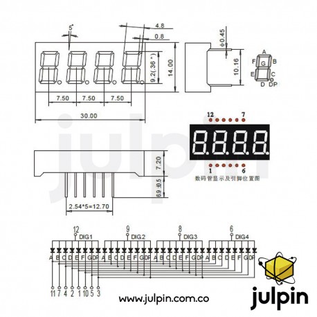(Cátodo común) Display de 7 segmentos con 4 dígitos